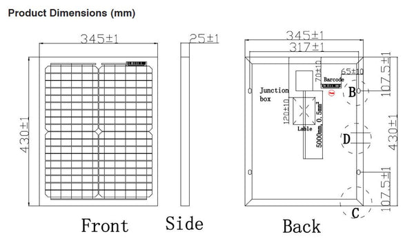 Buy Symmetry Solar PV 20w Module; Mono 12v 5m No Connectors (25mm ...